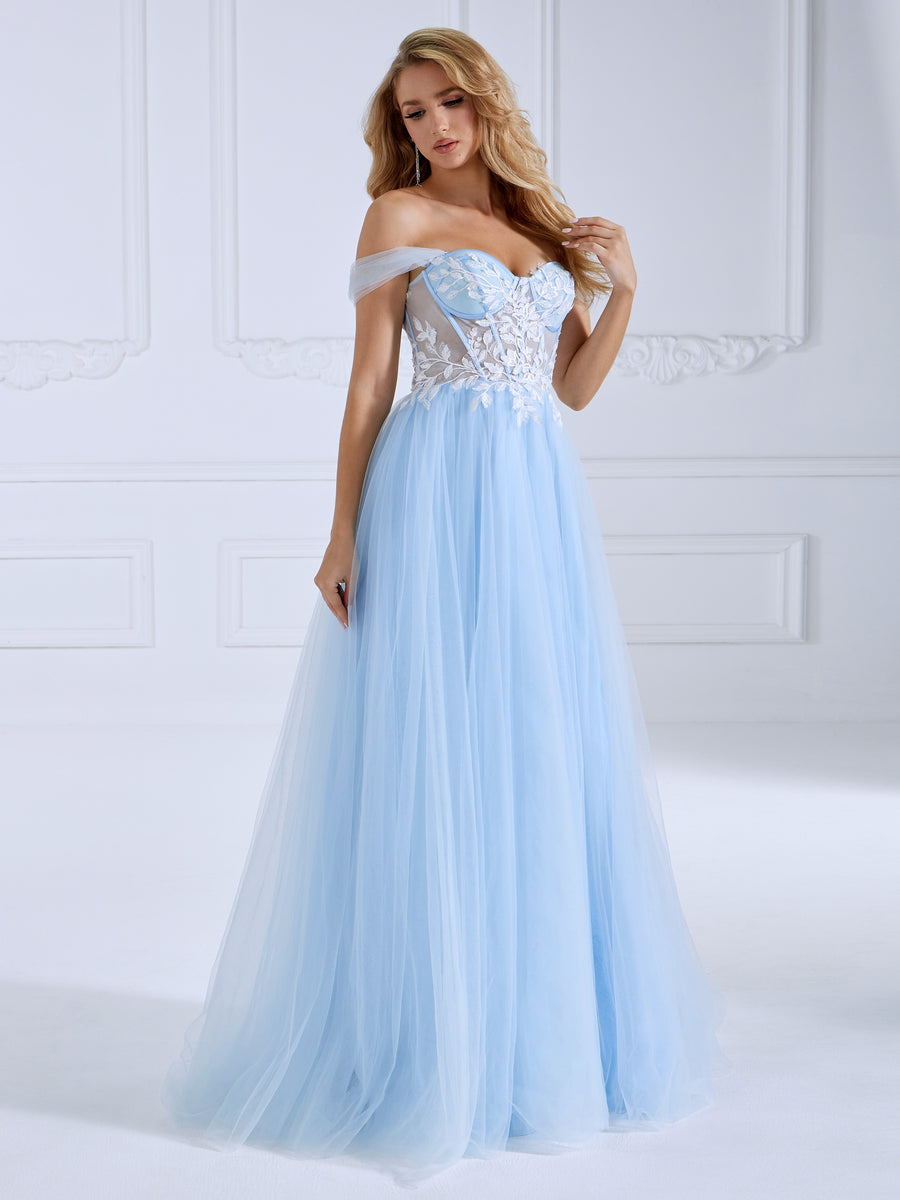 Elegant Blue Tulle A-Line Prom Dress with Side Leg Split | Floor-Length ...