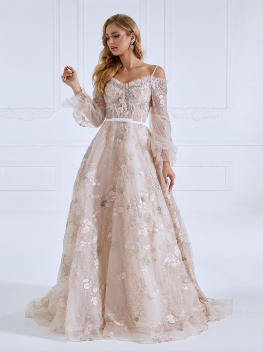 Long Sleeve Prom Dress with Embroidery Lace Bodice – yewendress
