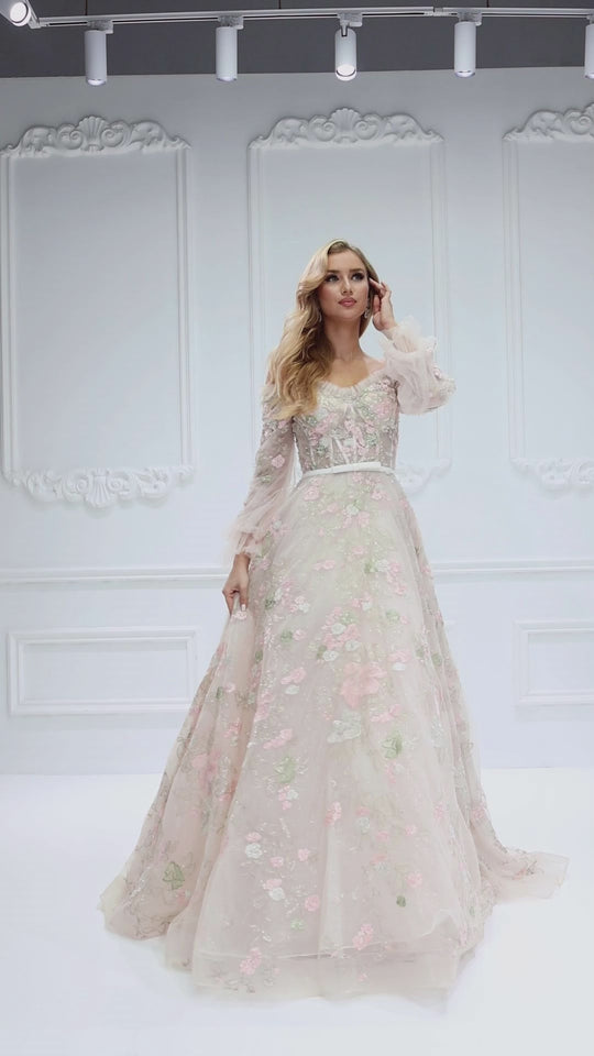 Long Sleeve Prom Dress with Embroidery Lace Bodice – yewendress