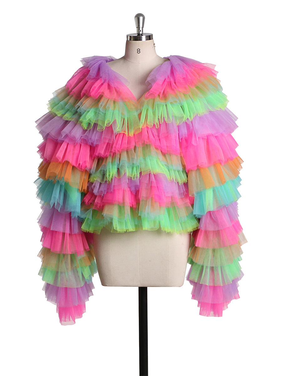 Colorful Long Sleeves V Neck Tulle Ruffles Jacket – yewendress