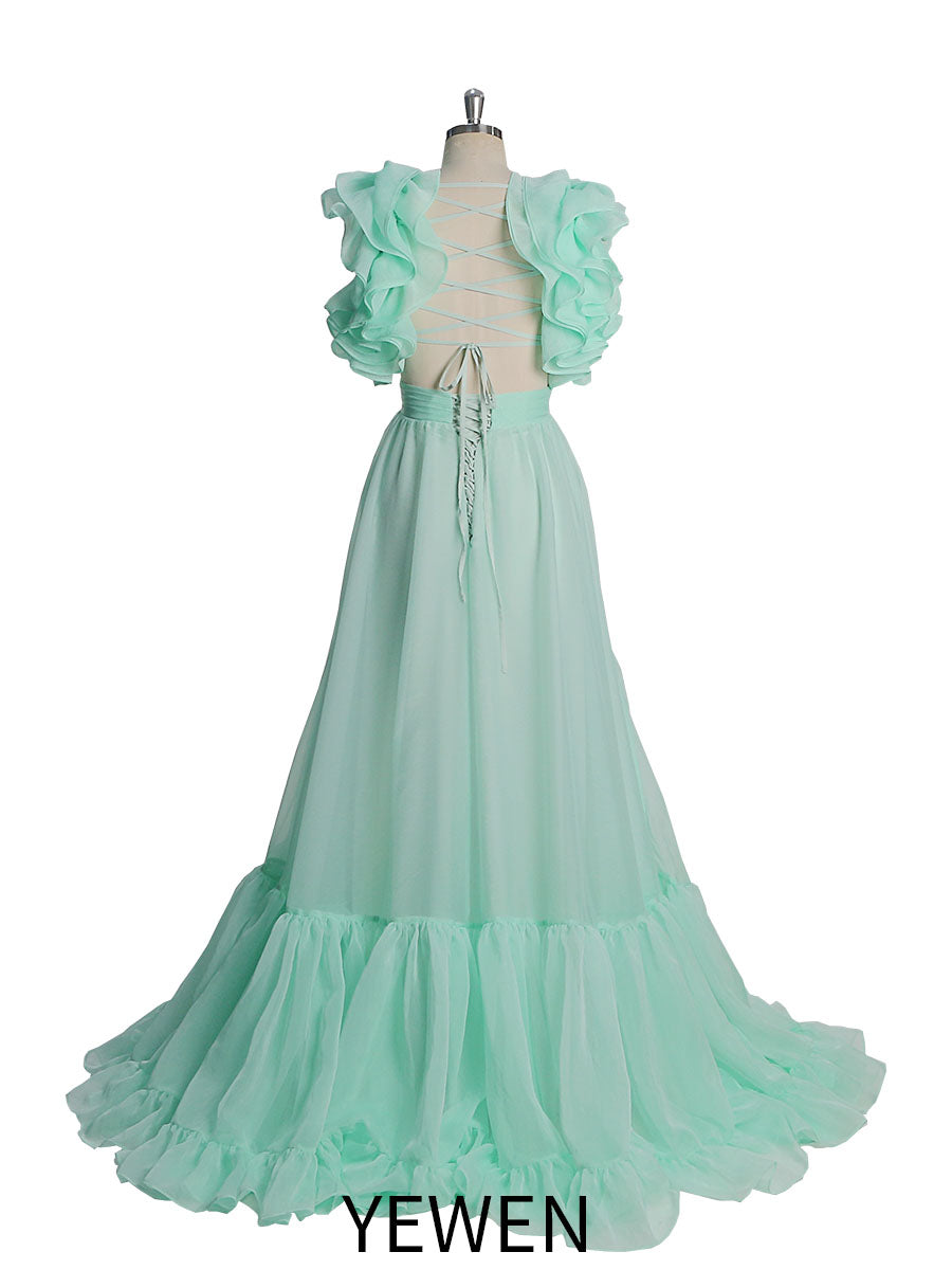 New Arrival Silk Organza Elegant Ruffles Backless Prom Dresses Photogr ...