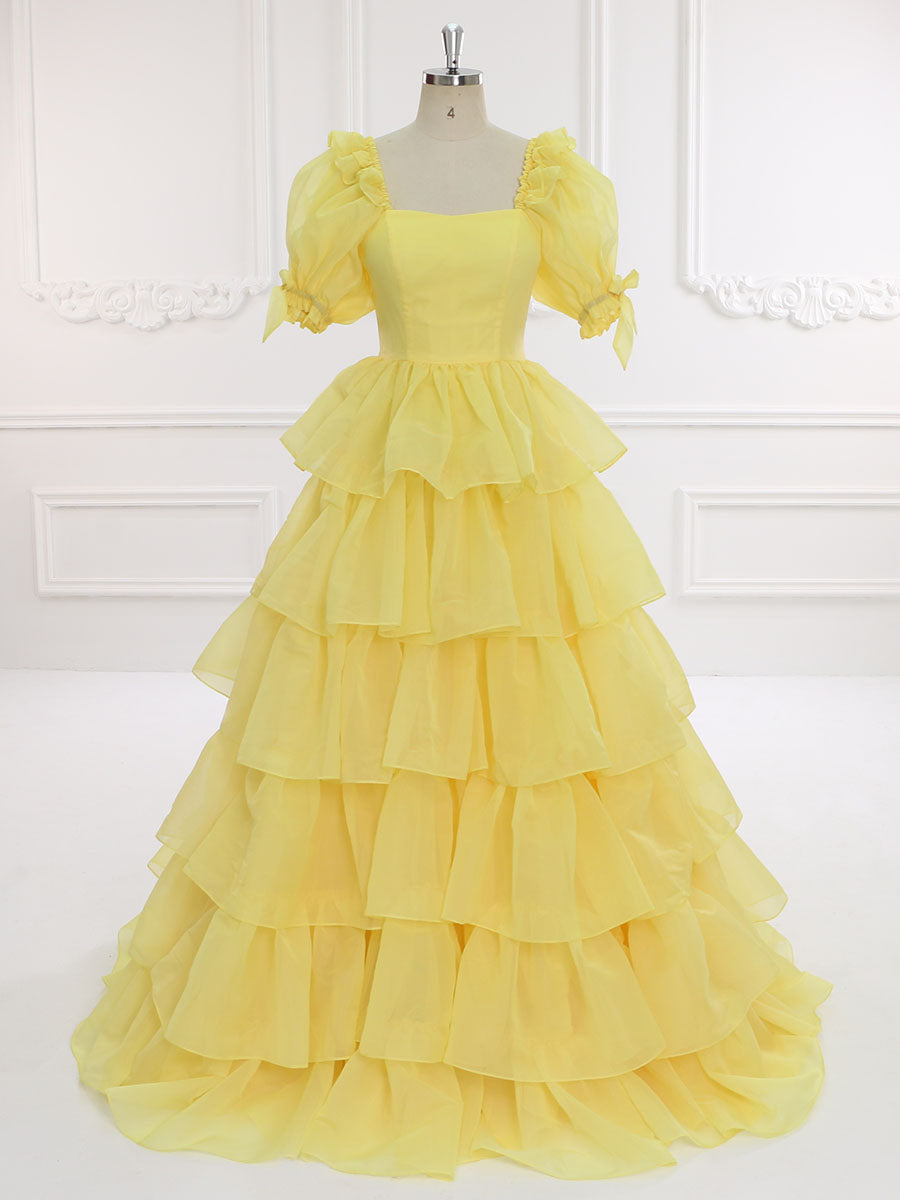 Yellow Layered Ruffles Prom Gown Evening Party Dress Photo Shoots Dress ...